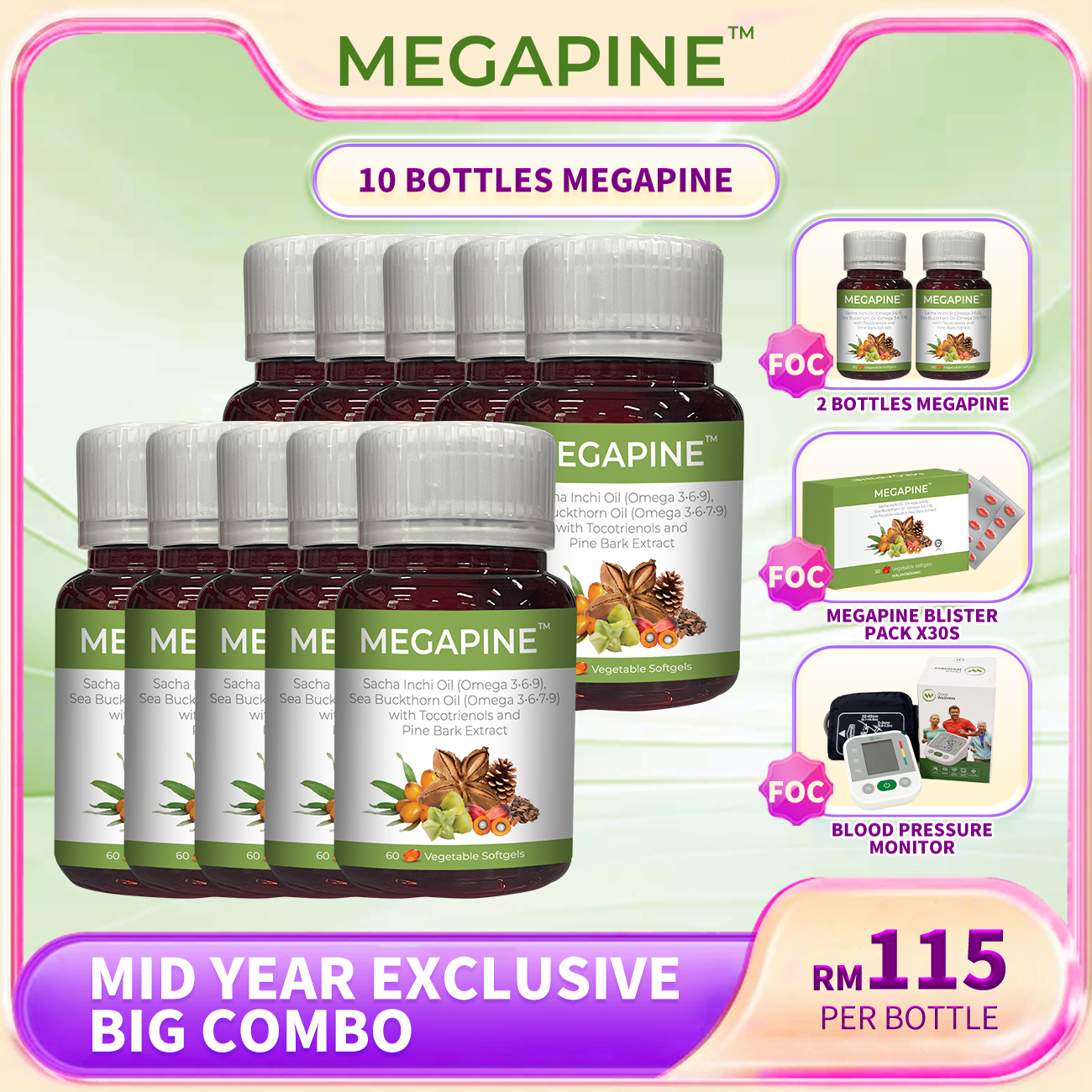 MEGAPINE (Omega 3•6•7•9) Sacha Inchi Oil, Sea Buckthorn Oil with Tocot ...